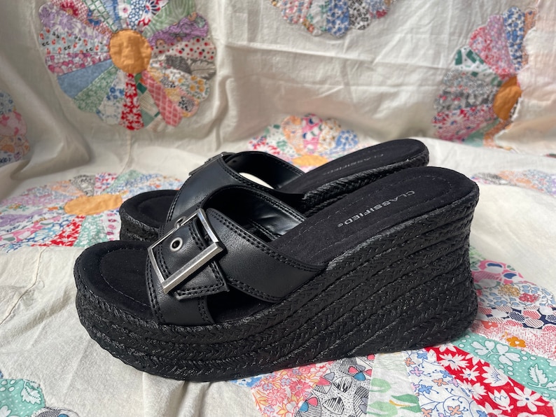 DEADSTOCK 2000s Black Platform Wedge Sandals With Buckle - Etsy