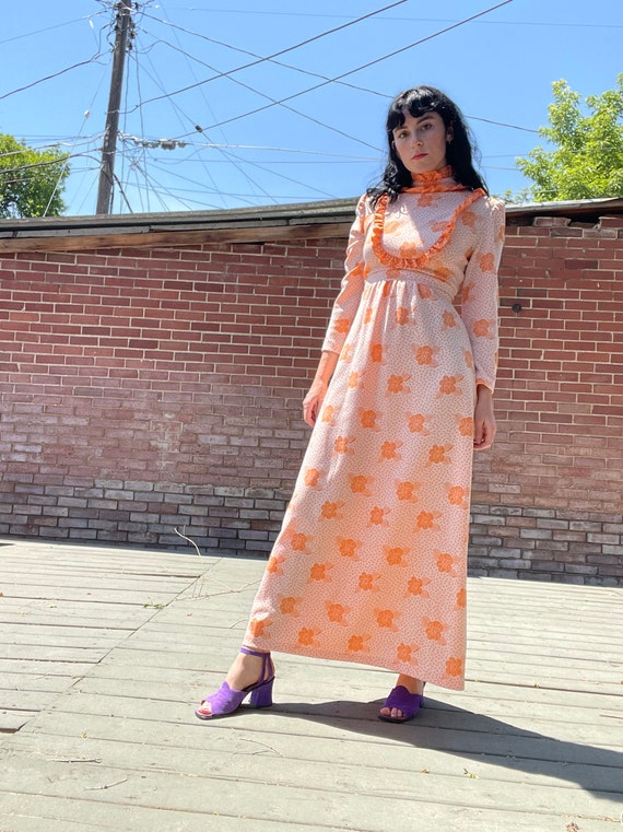 1960s Orange and Cream Polyester Victorian Revivalist… - Gem