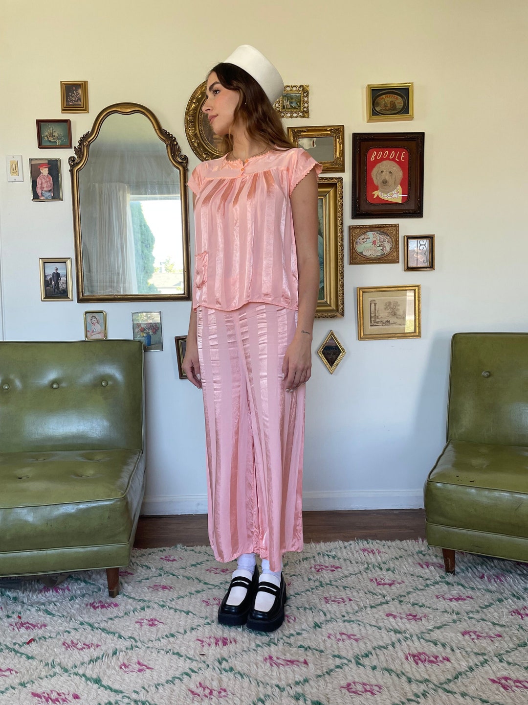 1930s Pink Satin Stripe Beach Pajamas With Bakelite Buttons Size XS ...