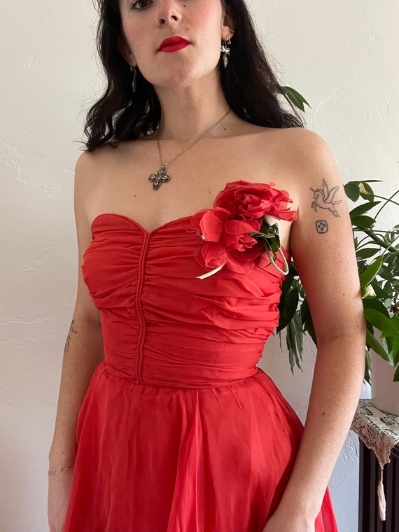 1950s Emma Domb Red Chiffon Strapless Gown with Gathe… - Gem