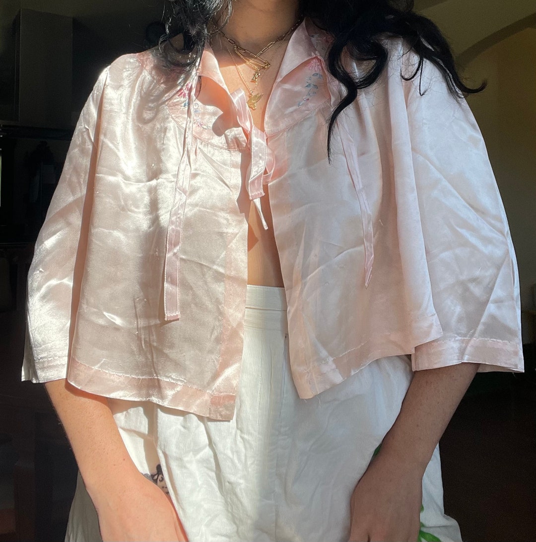 1940s Pink Satin Bed Jacket With Puff Sleeve, Ties, and Yoke Embroidery ...