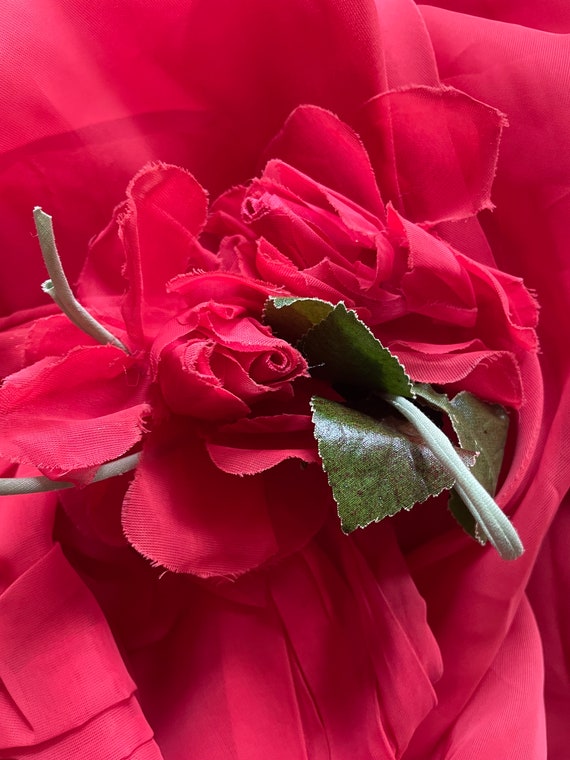 1950s Emma Domb Red Chiffon Strapless Gown with Gathe… - Gem