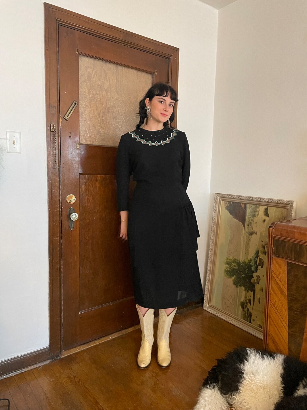 1940s Black Crepe Dress With Blue Sequins and Sheer Neck Size Medium ...