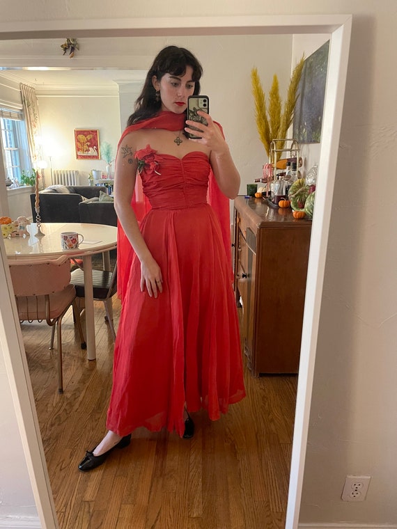 1950s Emma Domb Red Chiffon Strapless Gown with Gathe… - Gem