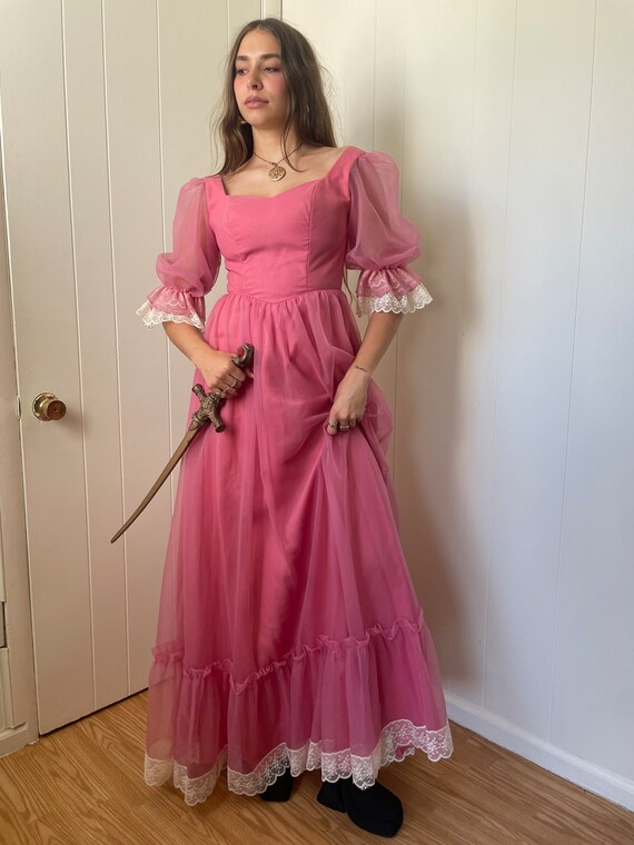 1970s Pink Sheer Prairie Dress with Full Skirt, Puff … - Gem