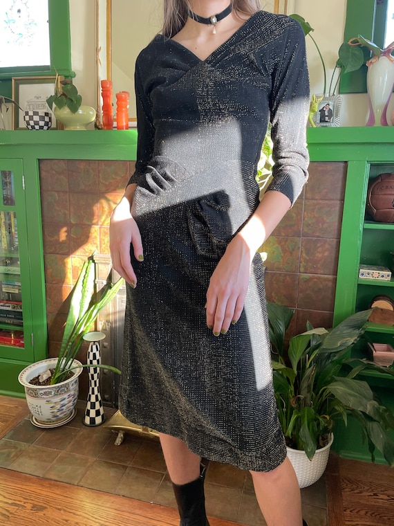 1950s Grace Da Pozzo Lamé Black and Gold Draped Dress… - Gem