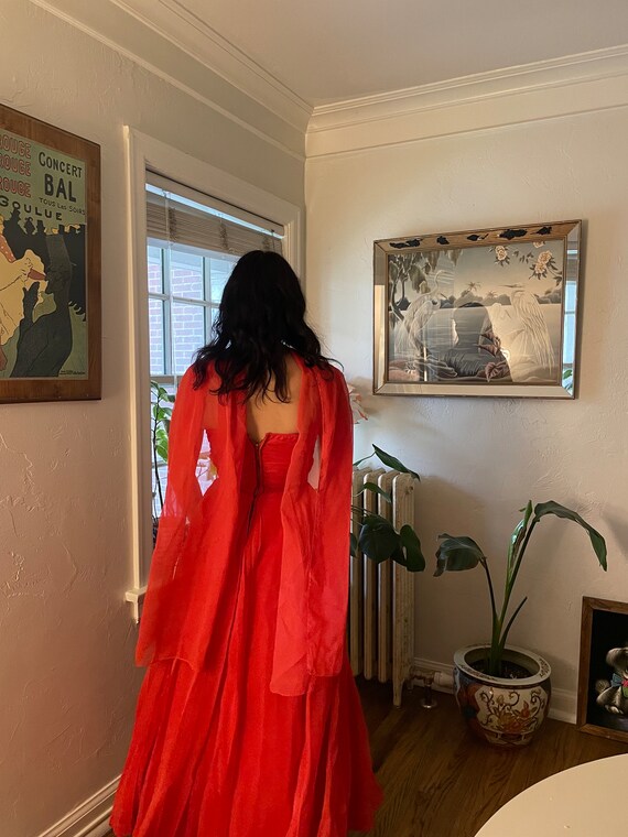 1950s Emma Domb Red Chiffon Strapless Gown with Gathe… - Gem