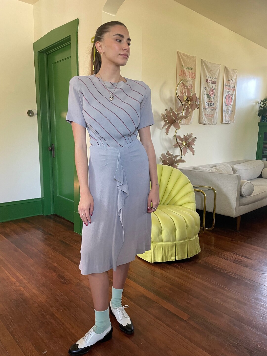 1940s Grey Crepe Dress With Multicolor Diagonal Stripes and Draping ...