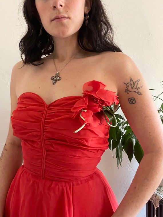 1950s Emma Domb Red Chiffon Strapless Gown with Gathe… - Gem