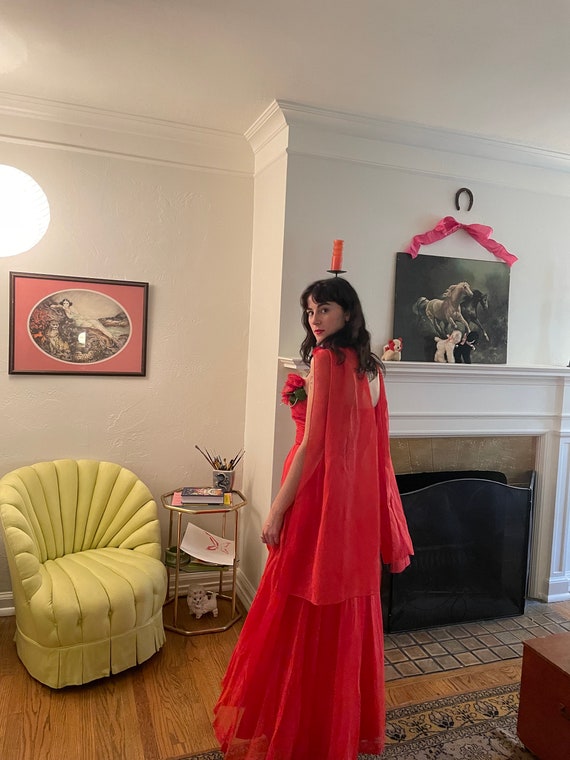 1950s Emma Domb Red Chiffon Strapless Gown with Gathe… - Gem