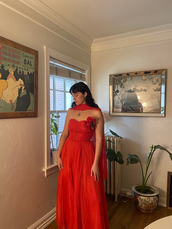 1950s Emma Domb Red Chiffon Strapless Gown with Gathe… - Gem