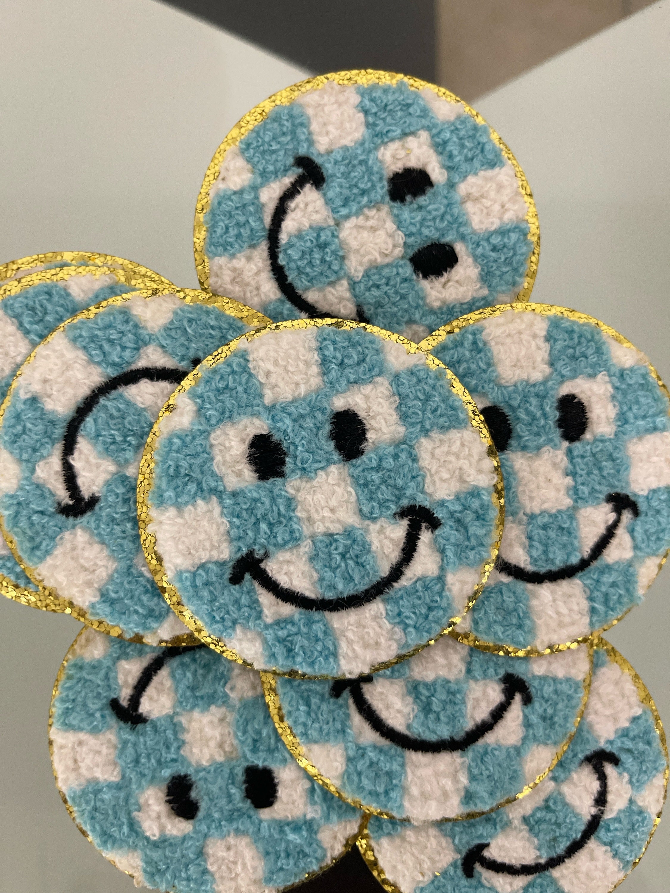 Pink Checkerboard Smiley Face 3.12 Chenille Patch With Gold Glitter ...