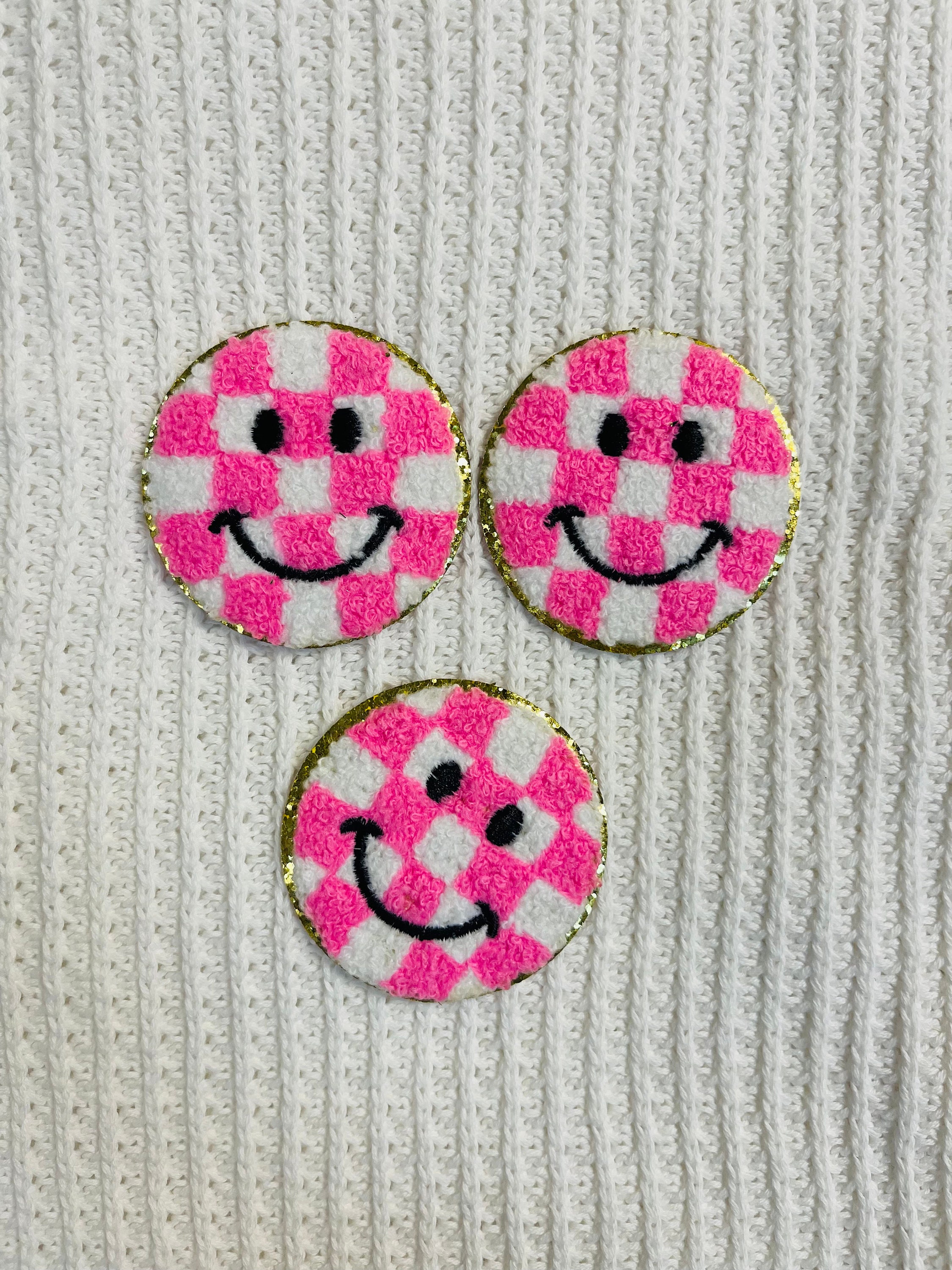 Pink Checkerboard Smiley Face 3.12 Chenille Patch With Gold Glitter ...