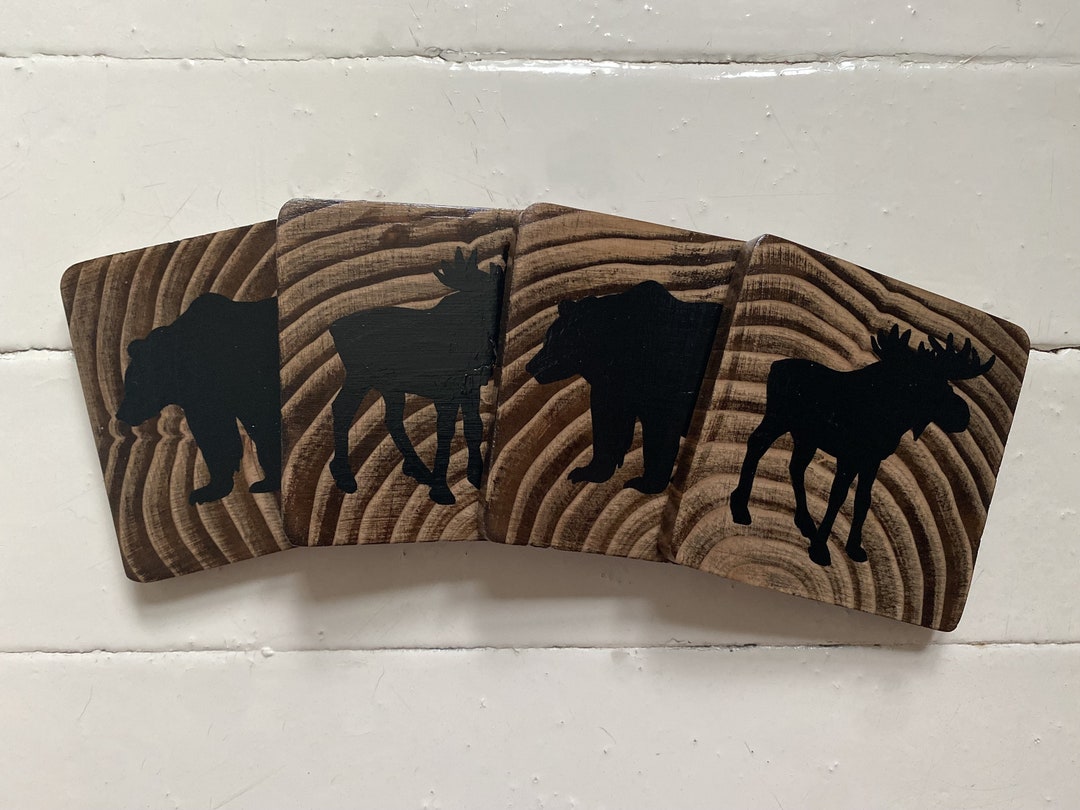Rustic Bear and Moose White Pine Coasters - Free Shipping - Etsy