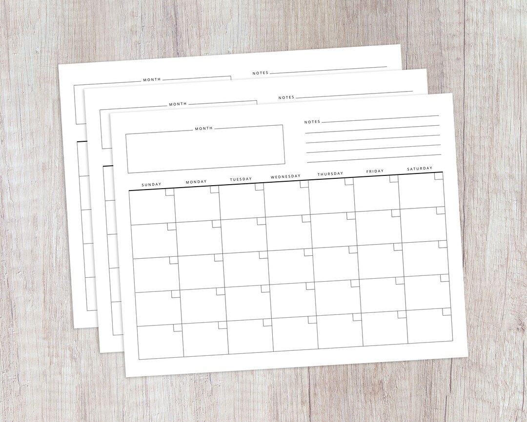 Printable Horizontal Blank Calendar Undated. Letter Size Landscape ...