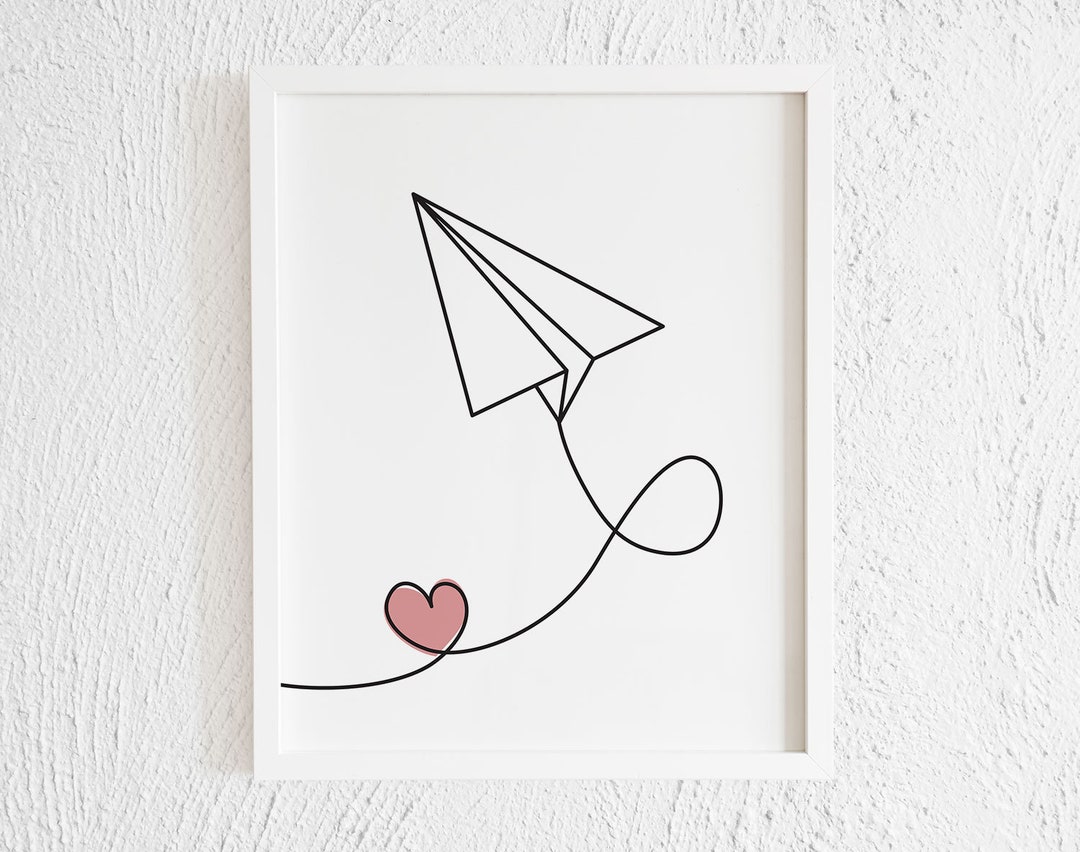 Paper Plane With Pink Heart Drawing Print. Printable Minimalist Plane ...