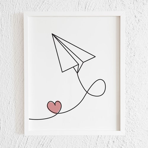 Paper Plane With Pink Heart Drawing Print. Printable | Etsy