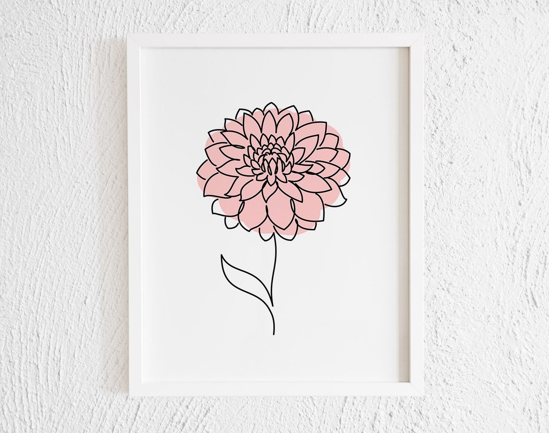 Pink Dahlia Flower Doodle Print. Minimalist Bushy Flower Wall Line Art ...