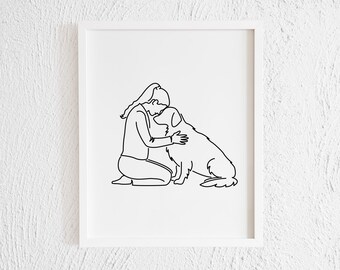 Woman With Goldendoodle Line Art Print. Printable Modern | Etsy
