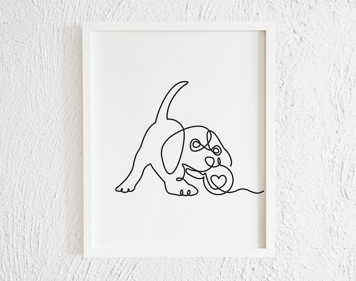 Minimalist One Line Drawing Beagle With Ball Doodle Print Wall Art. One ...