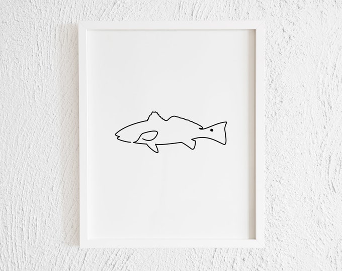 Redfish Fish Doodle Print. Printable Minimalist One Line Art Fish Wall ...