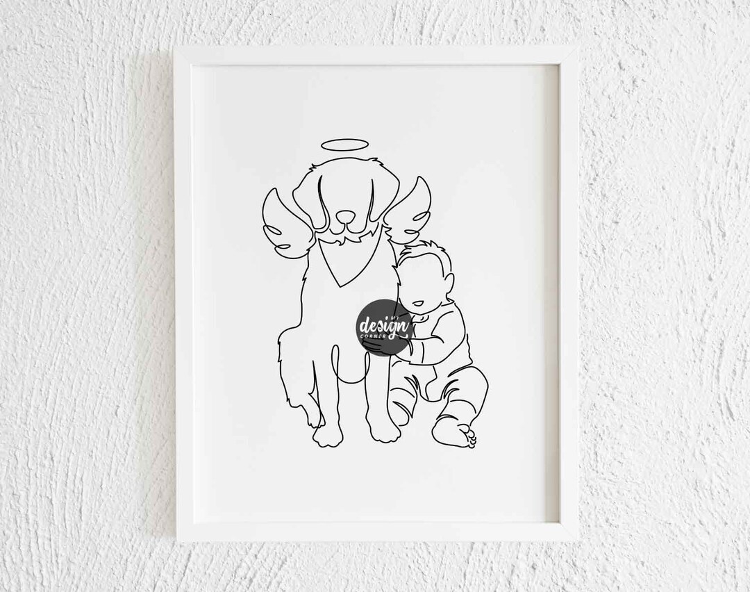 Baby Hugs Golden Retriever Angel Line Art Print. Printable Modern ...