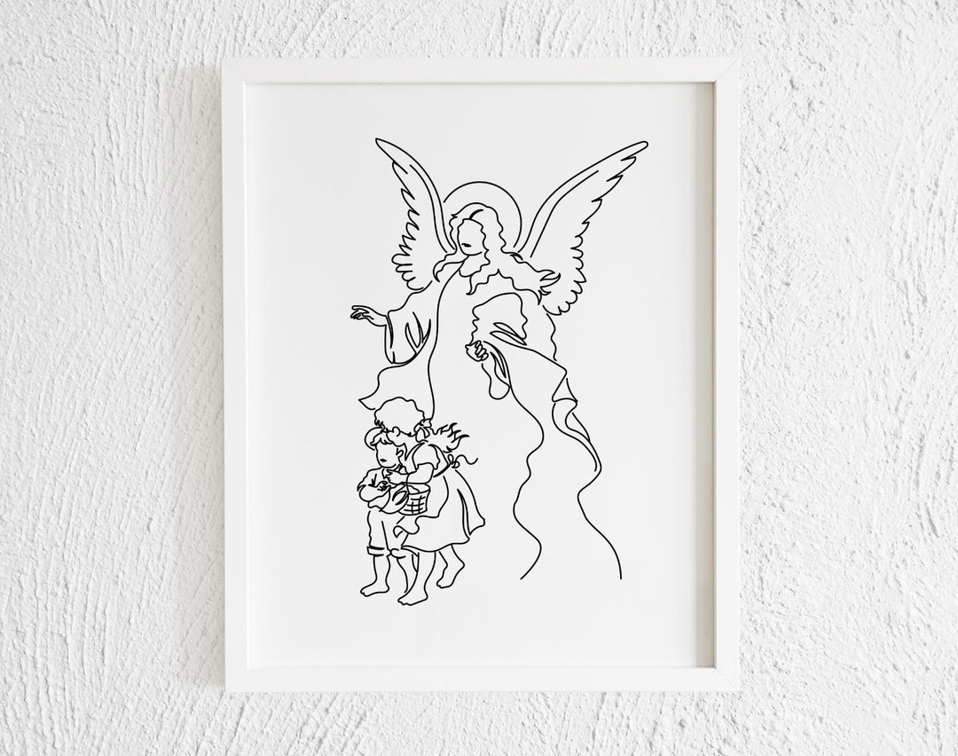 Guardian Angel Doodle Print. Printable Minimalist Kids Protector Angel ...