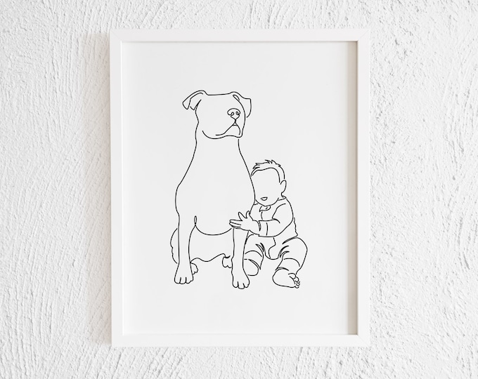 Baby Hugs Pitbull One Line Art Print. Printable Black and White Modern ...