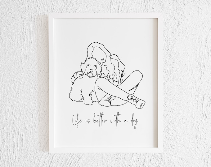 Cavapoo Fur Mama Line Art Print. Printable Modern Goldendoodle Woman ...