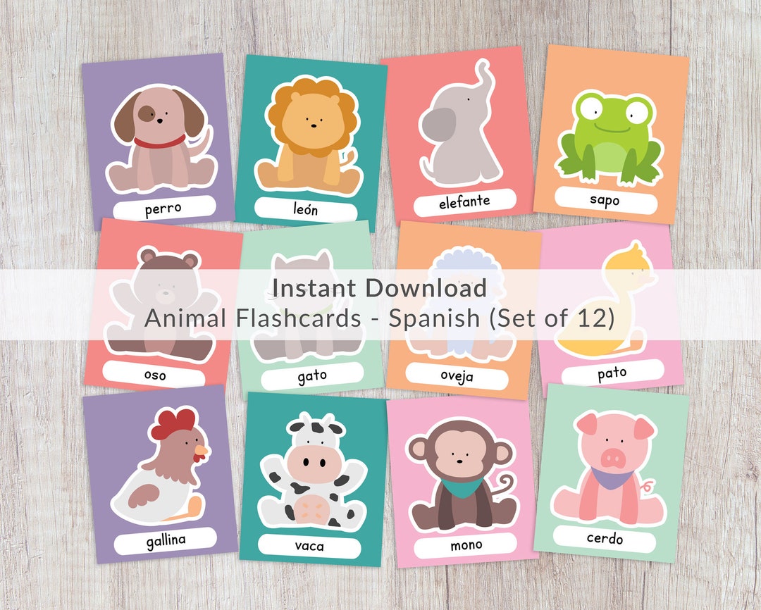 Animal Flashcards in Spanish. Printable Learn Identify Animals. Cute ...