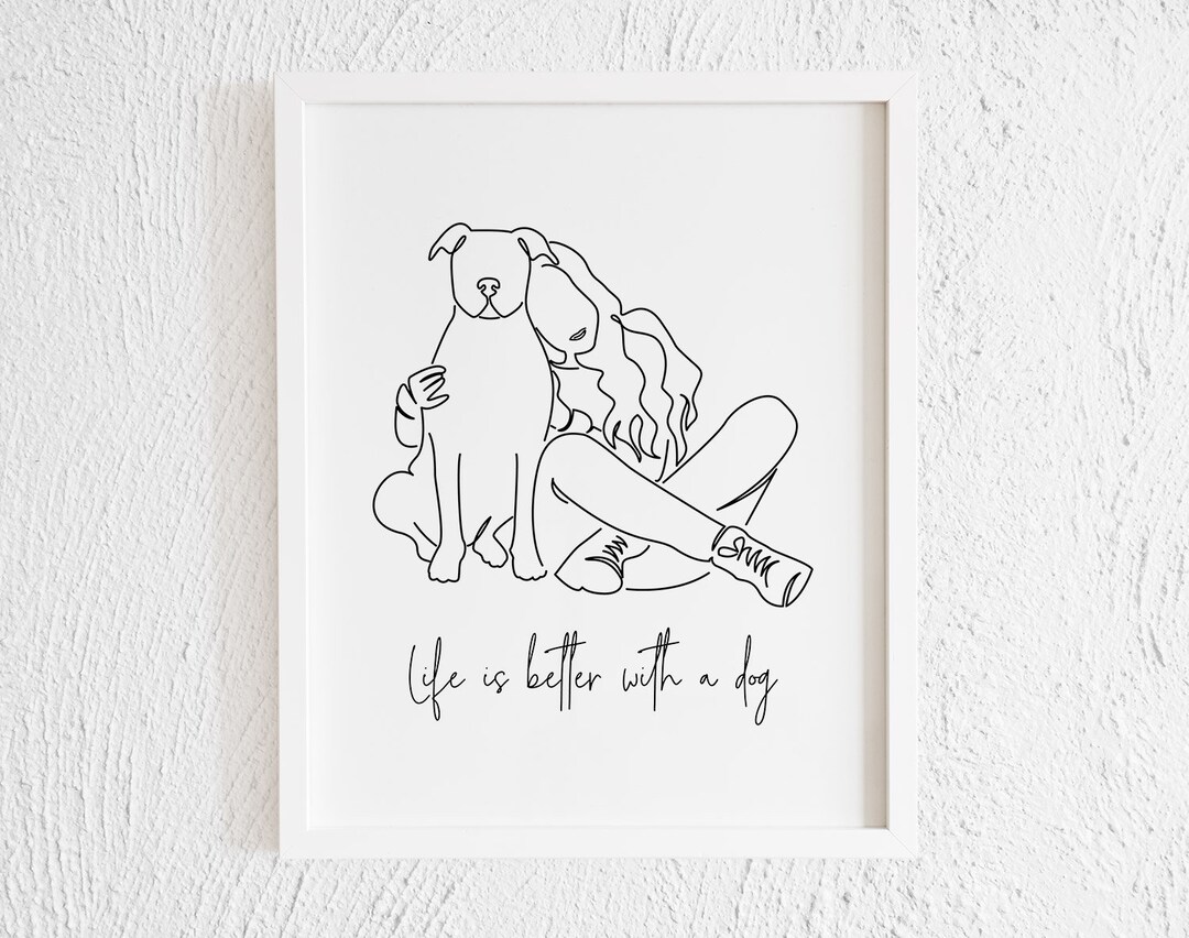 Pitbull Mama Line Art Print. Printable Modern Staffy Mix Dog Woman With ...