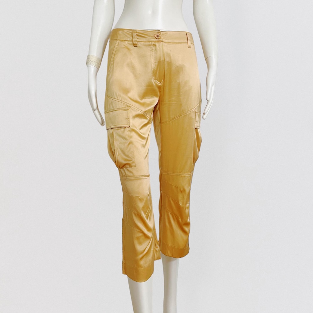 GF FERRE - Gold Satin Silk Capri Cargo Pants - Etsy