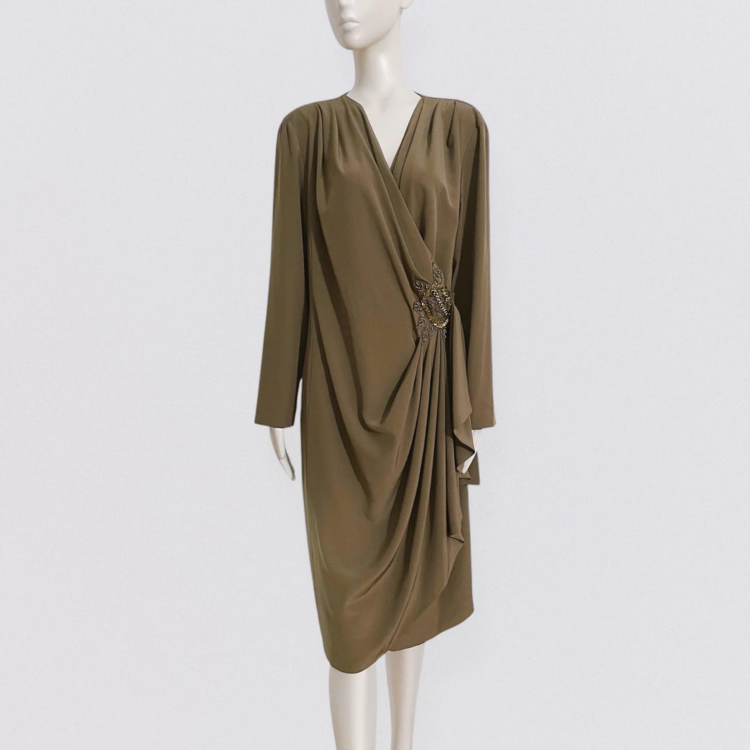 BYBLOS – Draped Light Brown Midi Dress With Long Sleeves - Etsy
