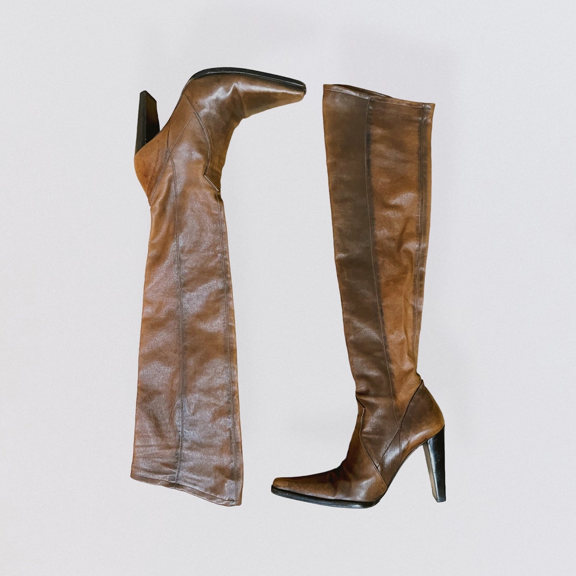 PLEIN SUD Brown Leather Stretch High Boots With Heels Vintage 2000 Y2K ...