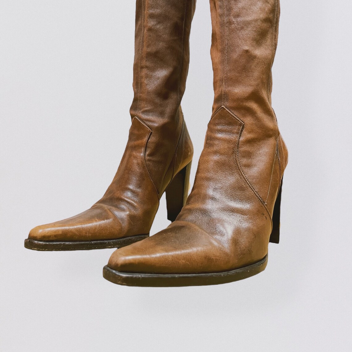 PLEIN SUD Brown Leather Stretch High Boots With Heels Vintage 2000 Y2K ...