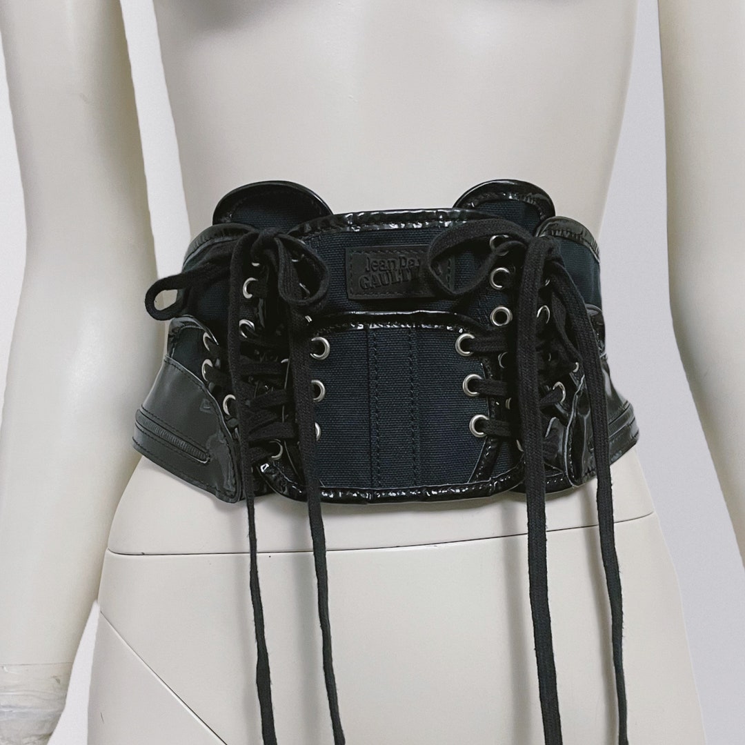 JEAN PAUL GAULTIER Dark Blue Corset Belt With Lacing and Black Vinyl ...