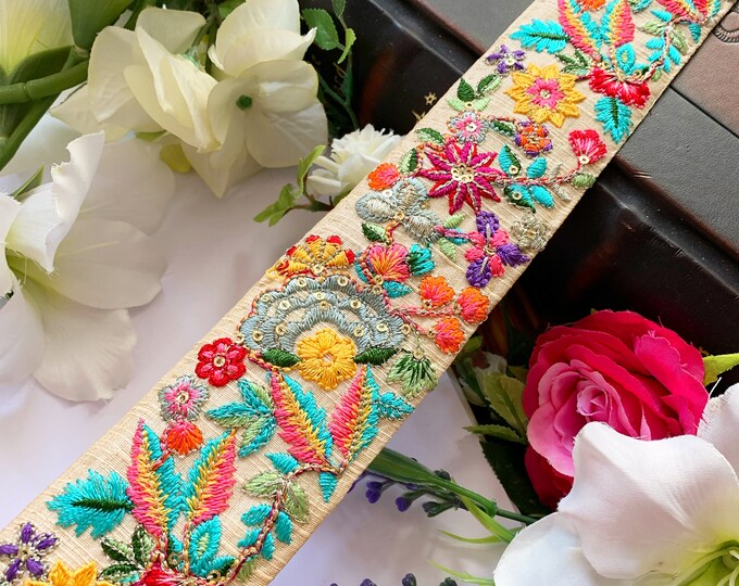 Floral Embroidered Indian Trim: Cream Multicolor Fabric Border (5.3cm W ...