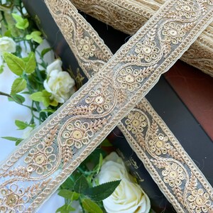9.5 Yards Fone Indian Gold Zari Sequin Embroidered Net Lace Trim, Border, Sari , Dupatta Lace ...