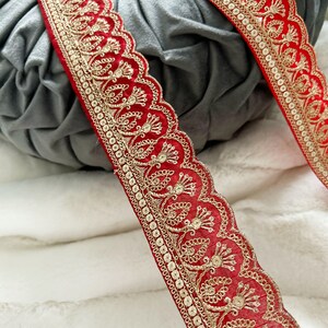 9.5 Yards Red/ Maroon Indian Gold Zari Sequin Embroidered Scallop Lace Trim Border Sari Dupatta ...