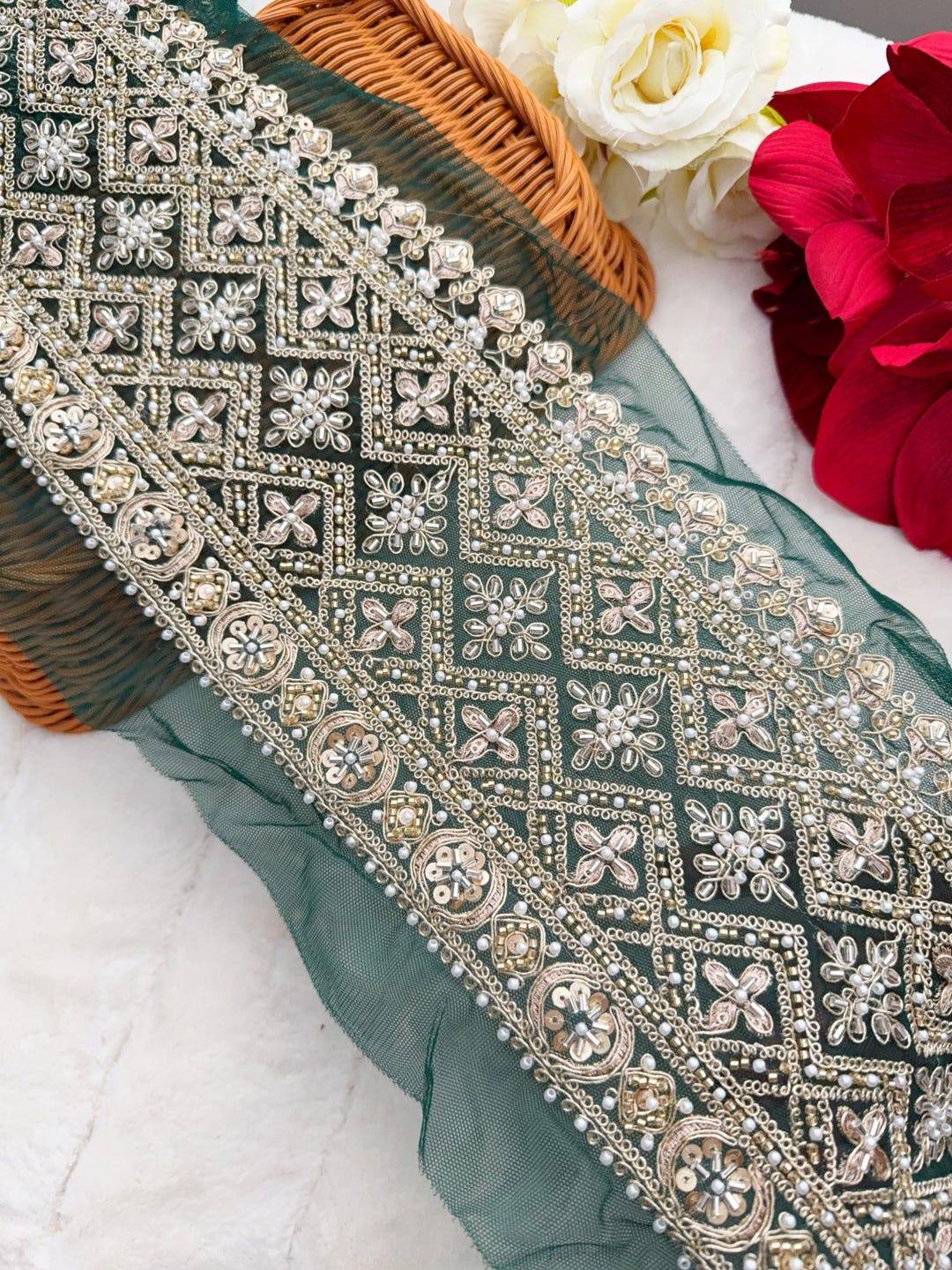 Indian Bridal Lace Trim: Green Sequin Pearl Embellished Net, 5.9" Wide ...