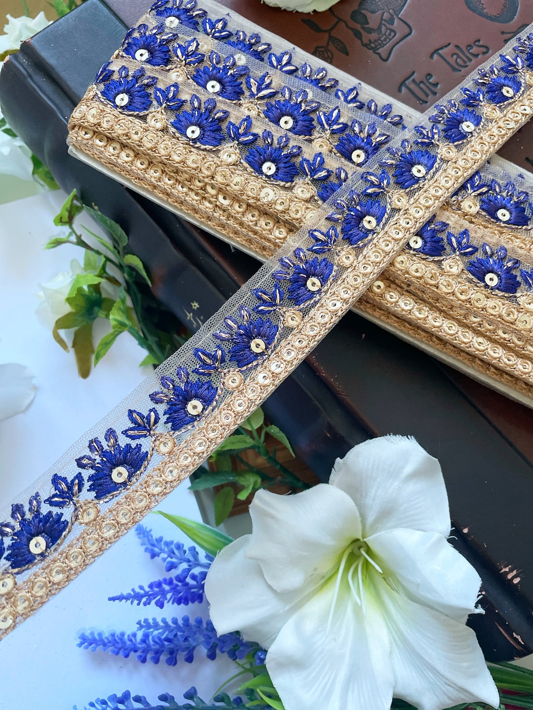 Navy Blue Floral Embroidered Trim: Sequin Sari Border, 9.5 Yards - Etsy