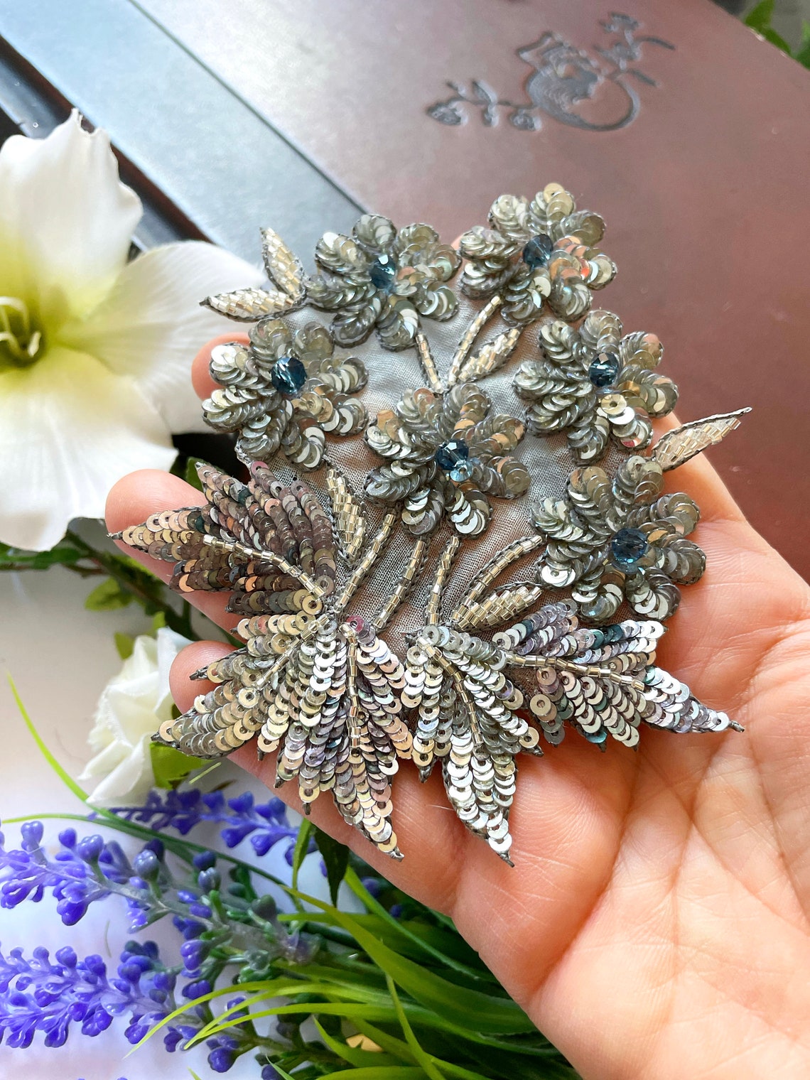 Handmade Grey Sequin Cut Dana Beads Sequin Embellished Bouquet - Etsy