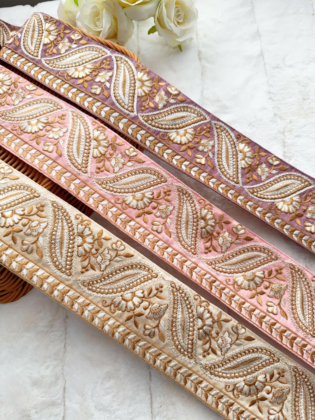 Embroidered Sari Trim: Peach, Lavender, Cream Indian Sewing Lace (7cm ...