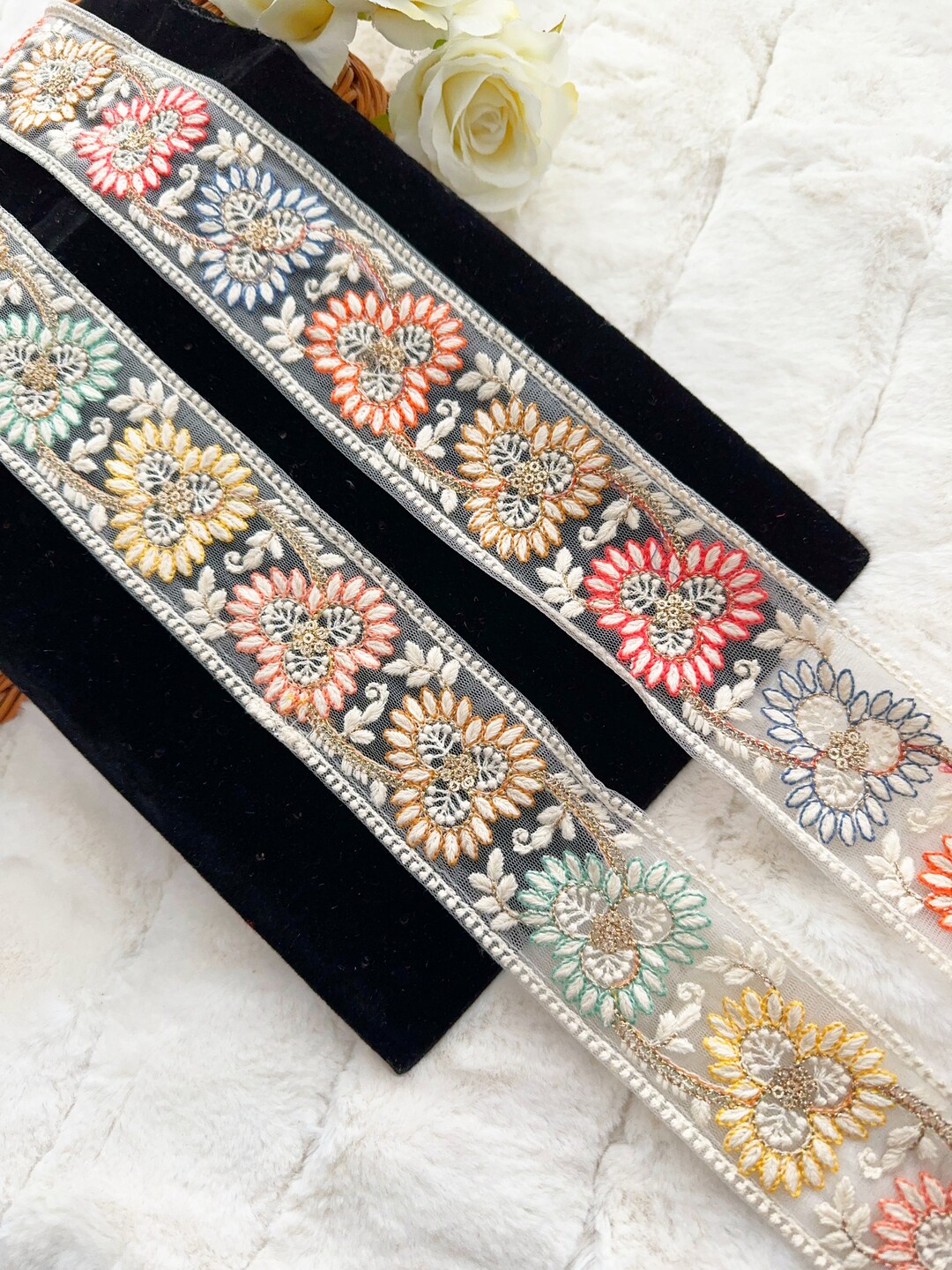 Floral Embroidered Net Lace Trim: Multi-color Sari Border (5.8 Cm Wide ...