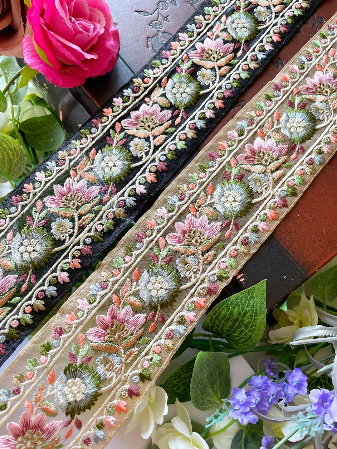 1 Yard Multicolour Indian Floral Embroidered Trim Cushion Covers ...