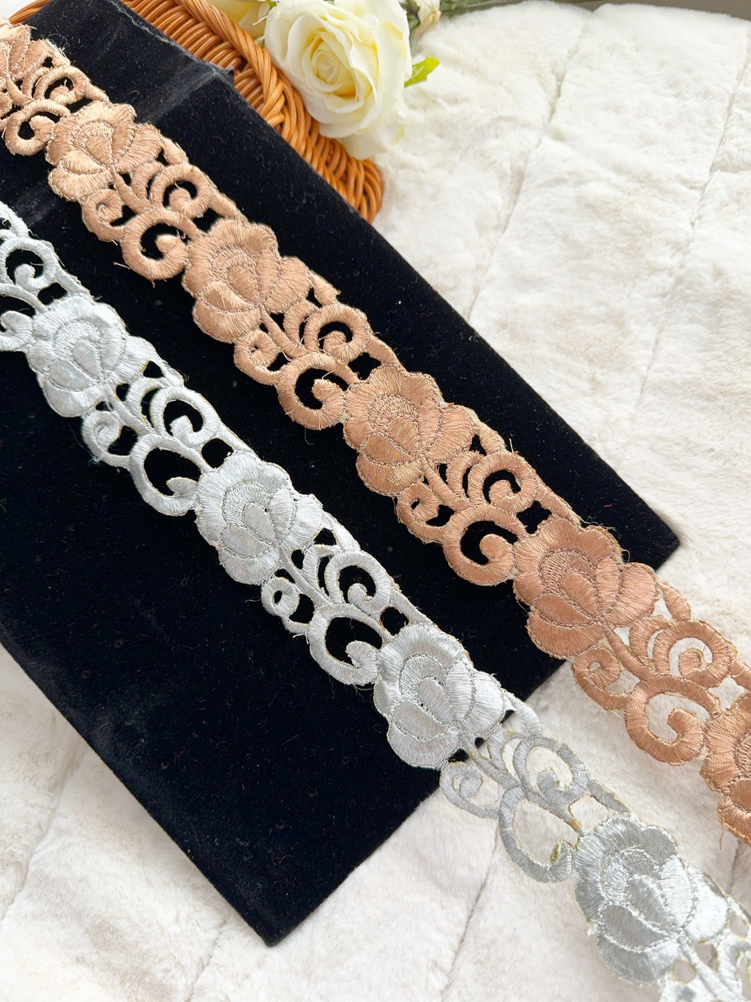 Floral Cutwork Lace Trim: Silver/rose Gold Bridal Sash, Saree Border 9. ...