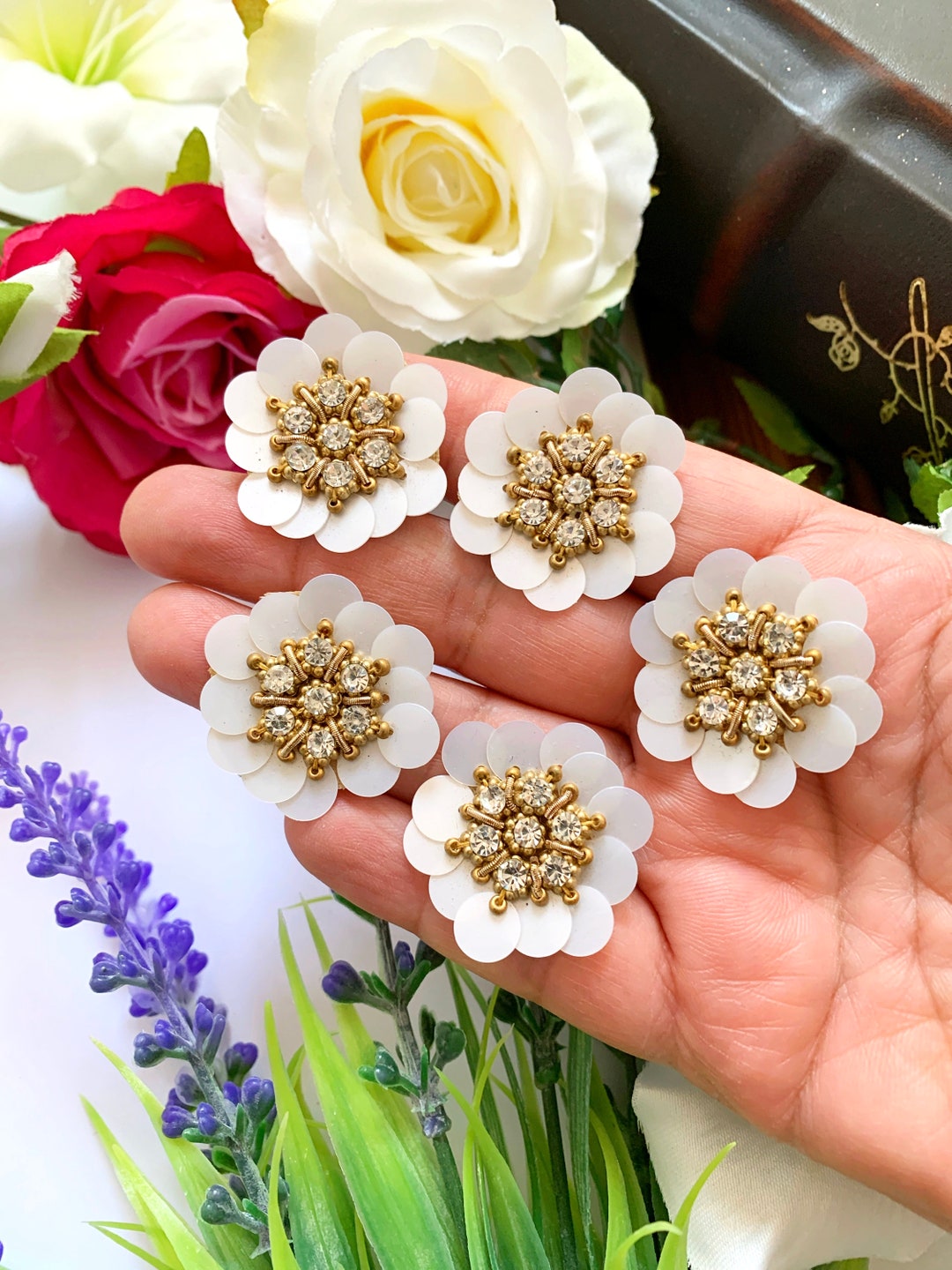 5 Round White Floral Appliques Sequin Cluster Petals Patches - Etsy