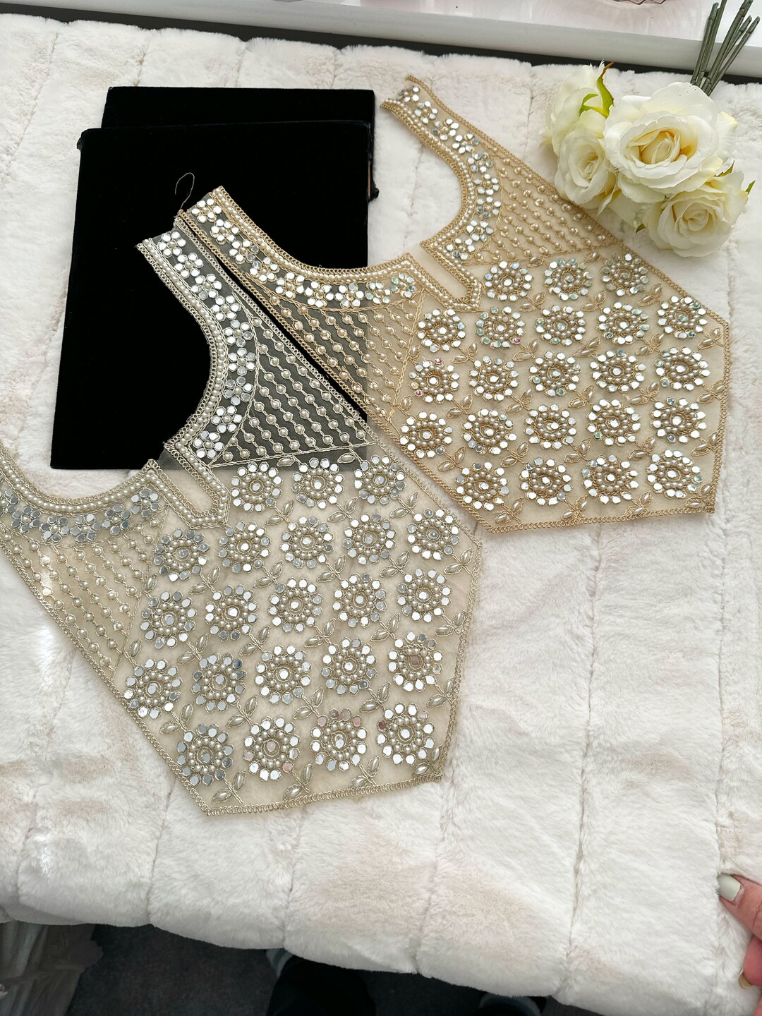 Embroidered Neckline Applique: Pearl & Mirror Embellished Indian Patch ...