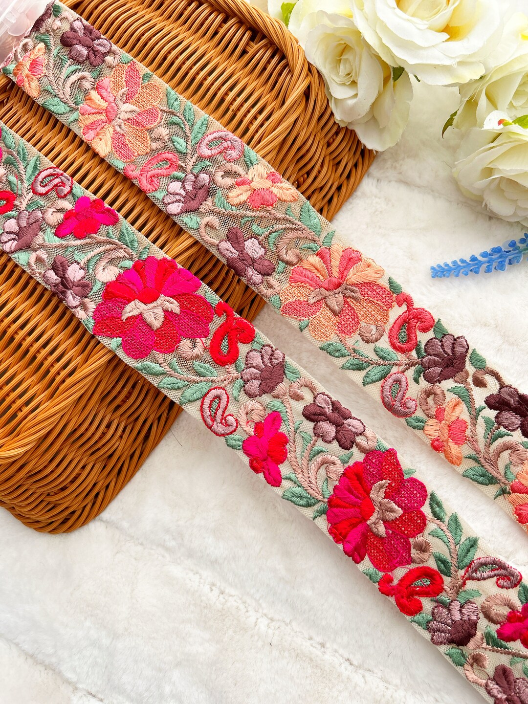 1 Yard Floral Embroidered Sari Trim: Peach, Pink & Red, 4.5cm Wide - Etsy