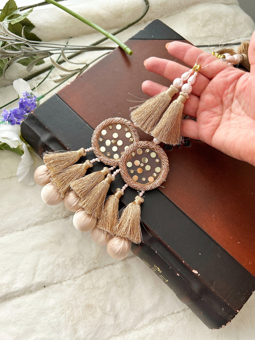 Rose Gold Fringe Bead Pearl Double Sided Net Disc, Purse Hangings, Home ...